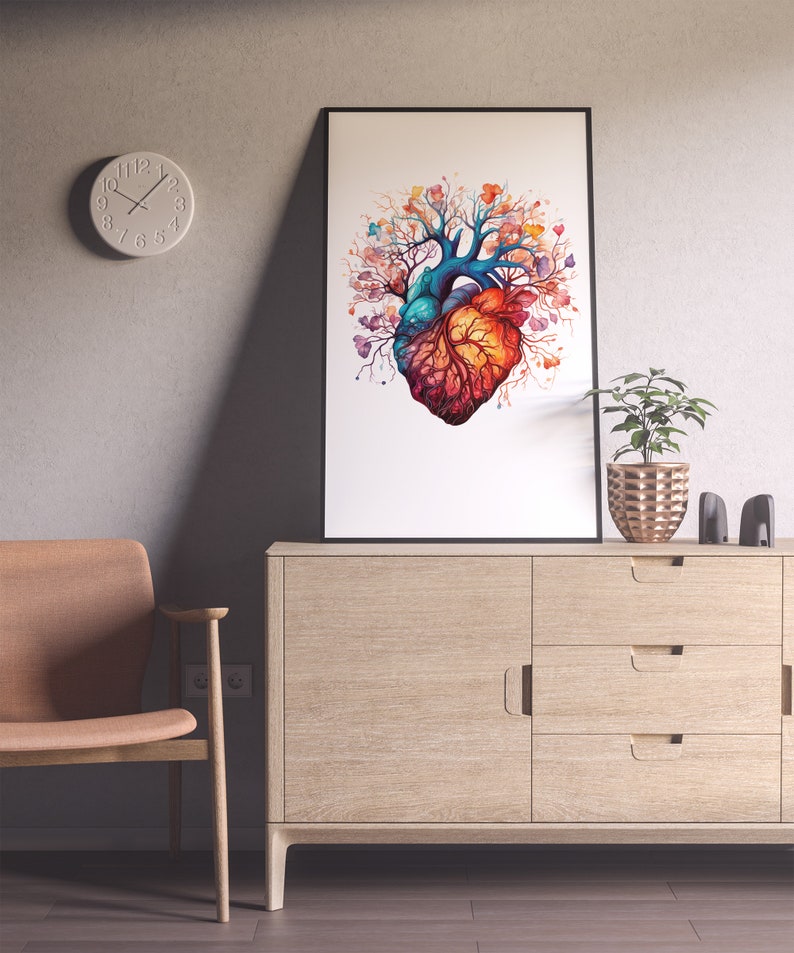 Anatomical Human Heart Art Print, Watercolor Heart Art With Flowers ...