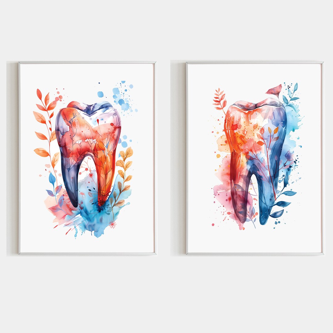 Dental Art Set Printable 2 Piece Wall Art Tooth With Flowers Watercolor ...