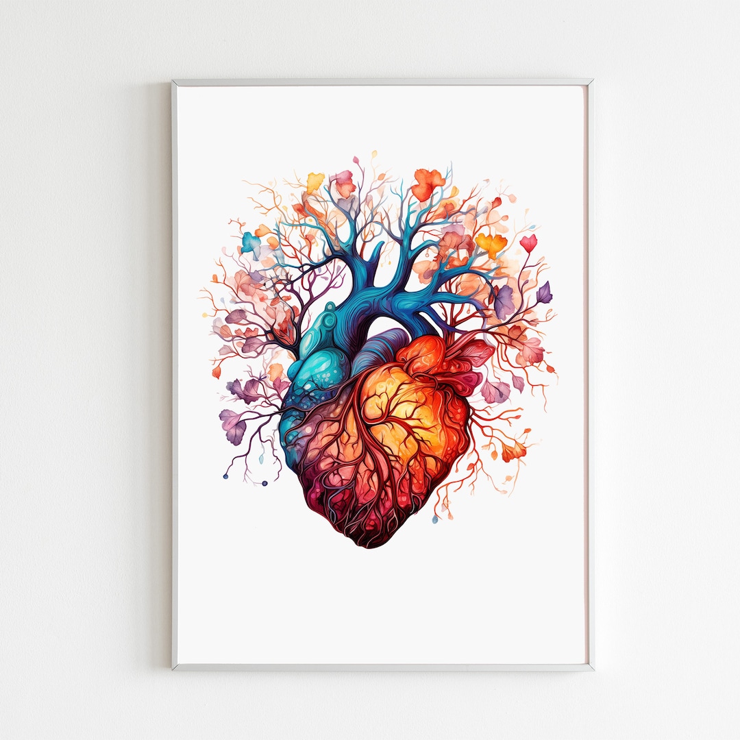 Anatomical Human Heart Art Print, Watercolor Heart Art With Flowers ...