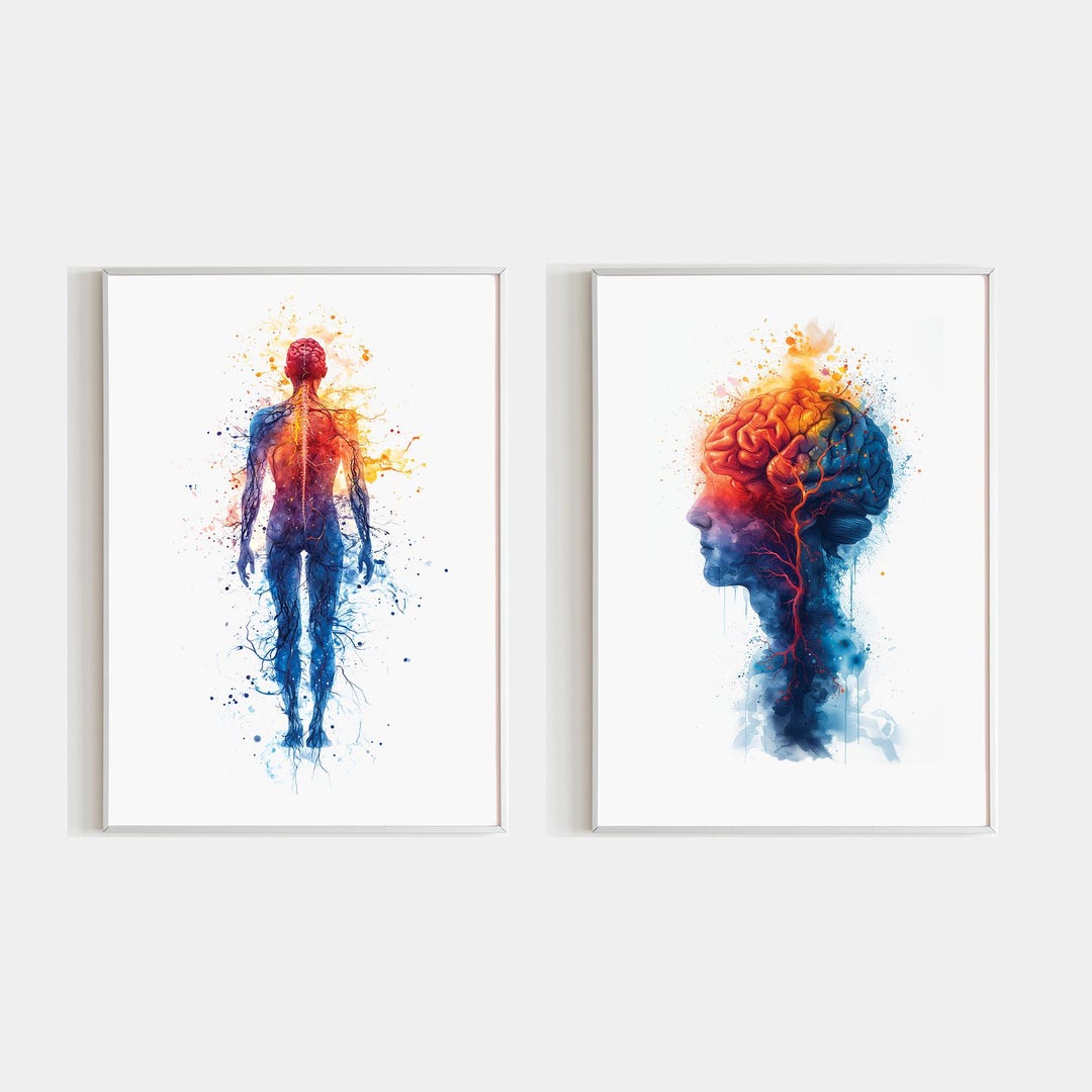 Nervous System Watercolor Art Set of 2 Prints, Brain Anatomy Poster ...