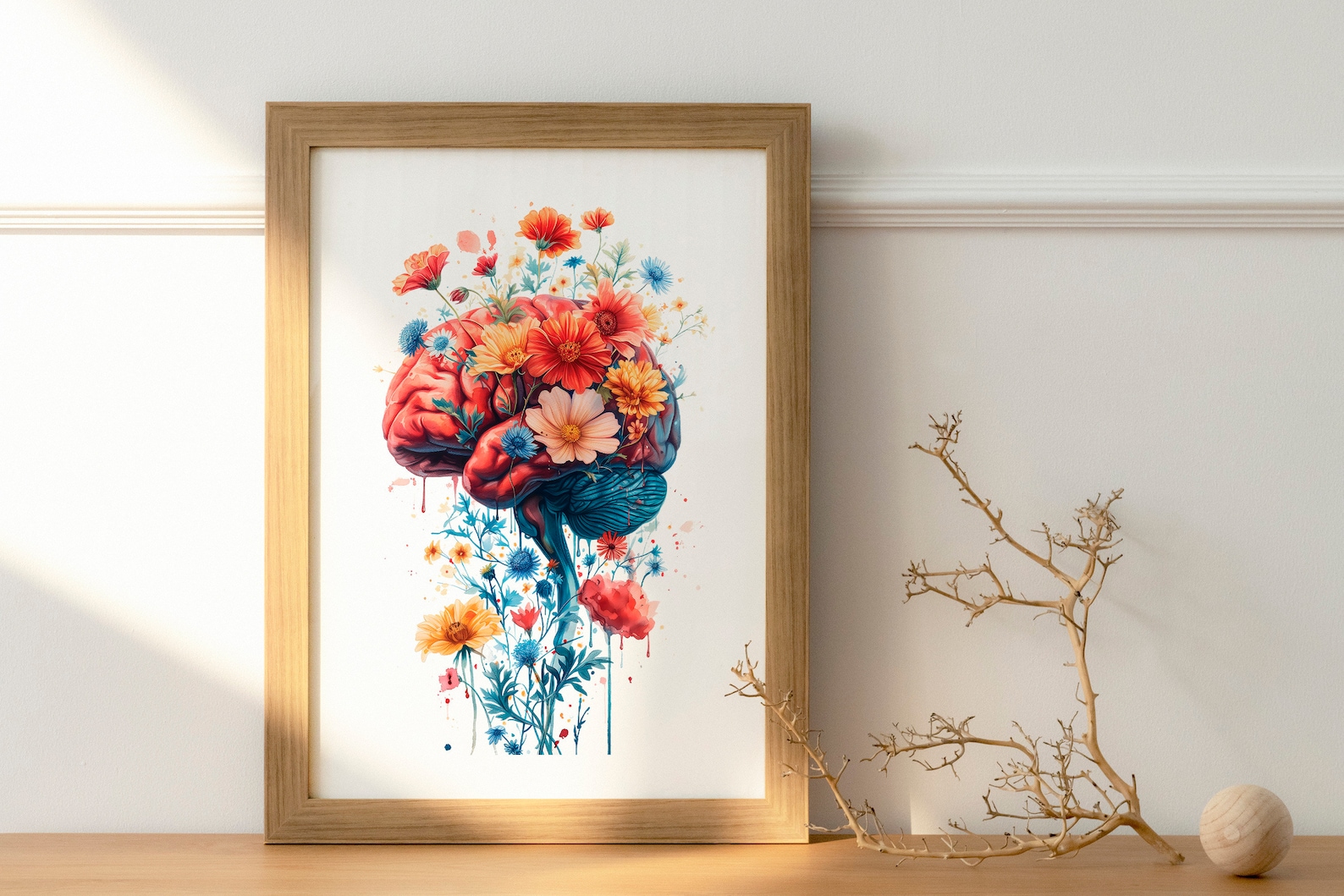 Brain Art Print, Watercolor Brain With Flowers Wall Art, Mental Health ...