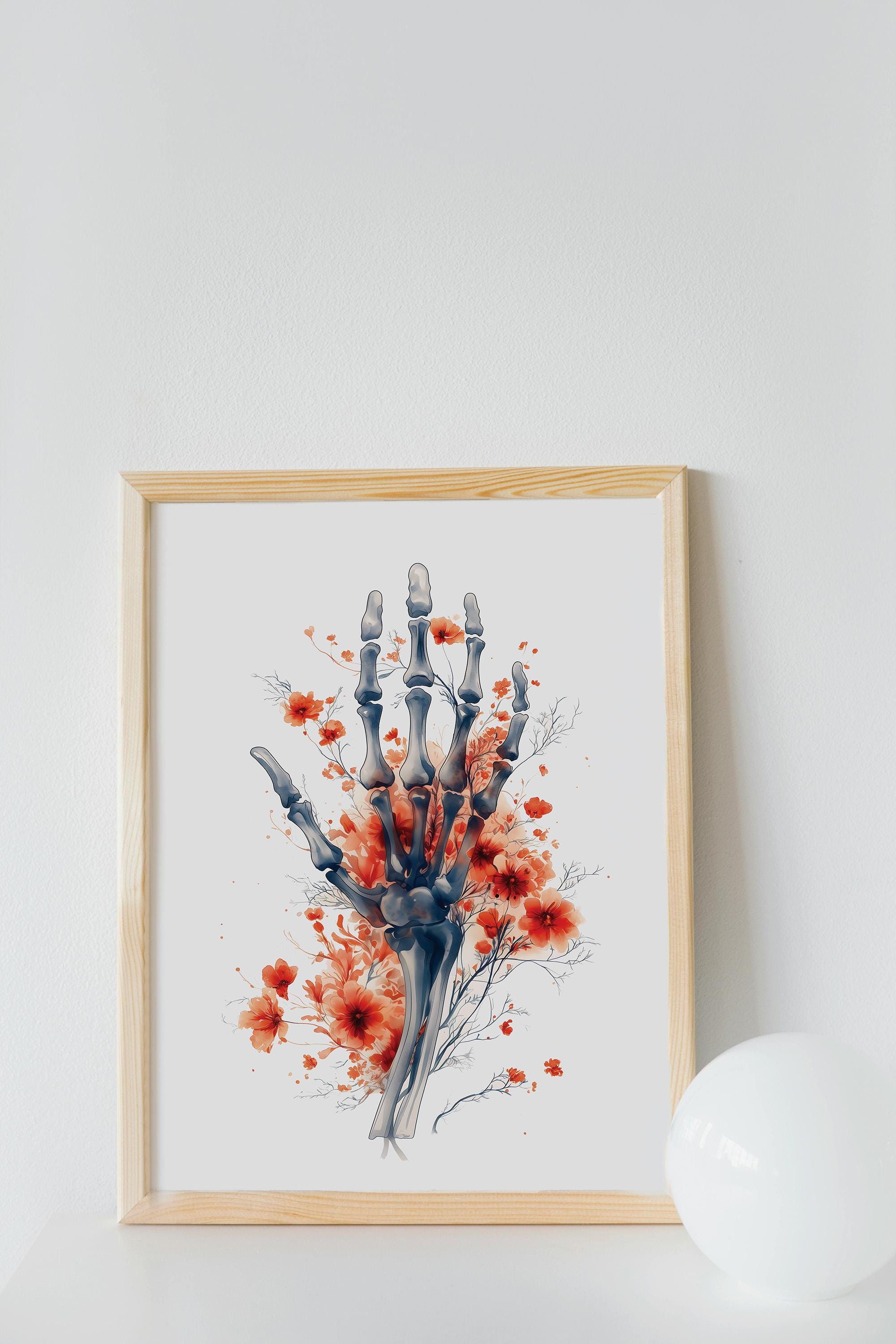 Hand Wall Art Print Watercolor Floral Skeleton Artwork, Rheumatologist ...