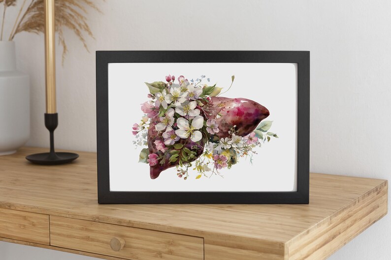 Liver Watercolor Art Print, Floral Anatomy Wall Illustration ...
