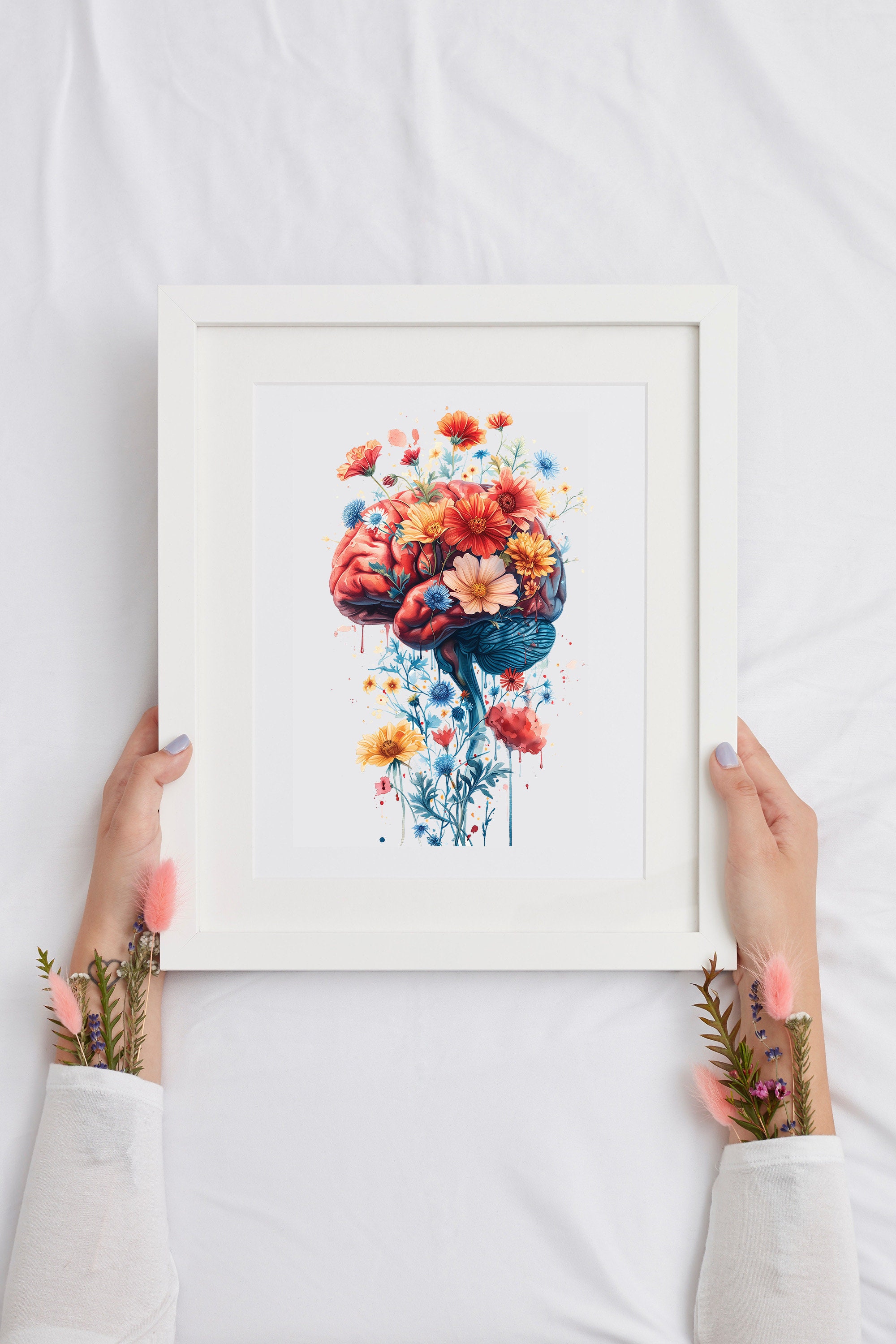 Brain Art Print, Watercolor Brain With Flowers Wall Art, Mental Health ...