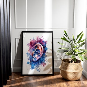 Ear Anatomy Art Print, Audiology Wall Art Colorful Human Ear Watercolor ...