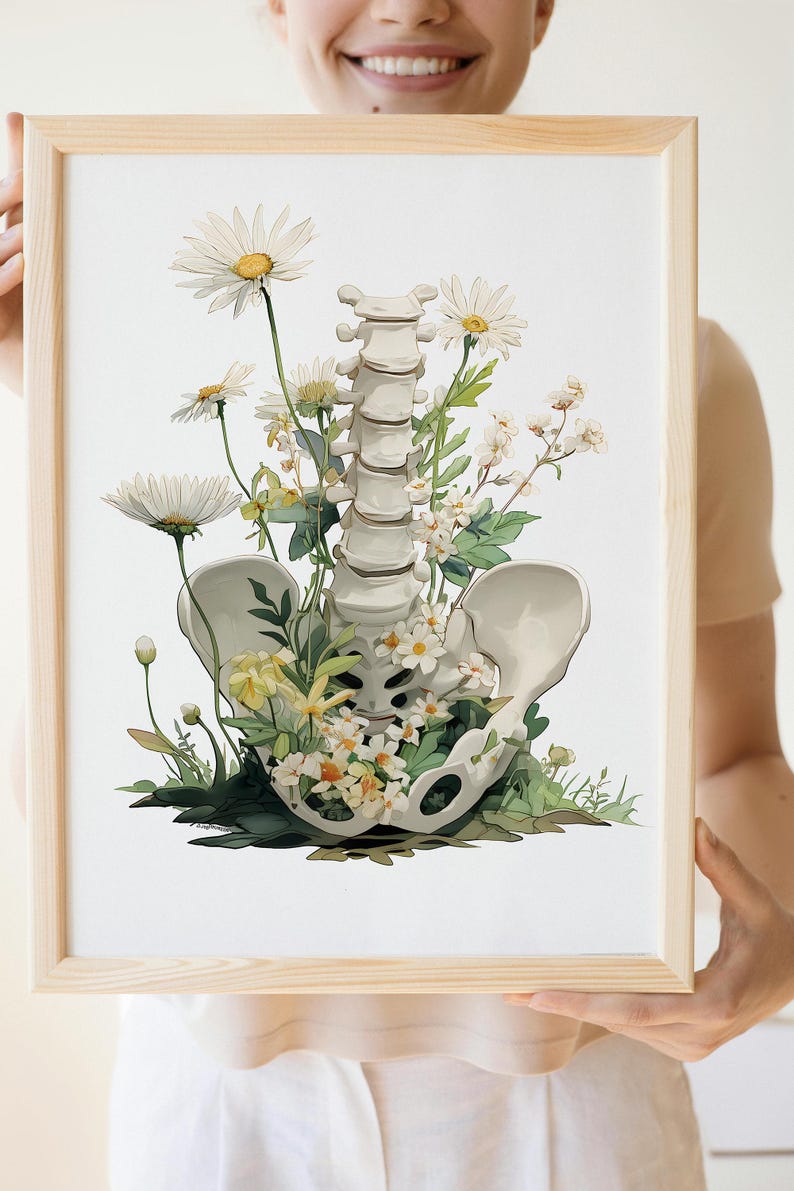 Pelvis and Spine Floral Anatomy Print, Healing Pelvic Floor Wall Art ...