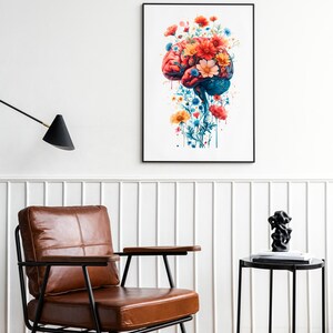 Brain Art Print, Watercolor Brain With Flowers Wall Art, Mental Health ...