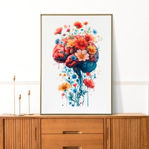 Brain Art Print, Watercolor Brain With Flowers Wall Art, Mental Health ...