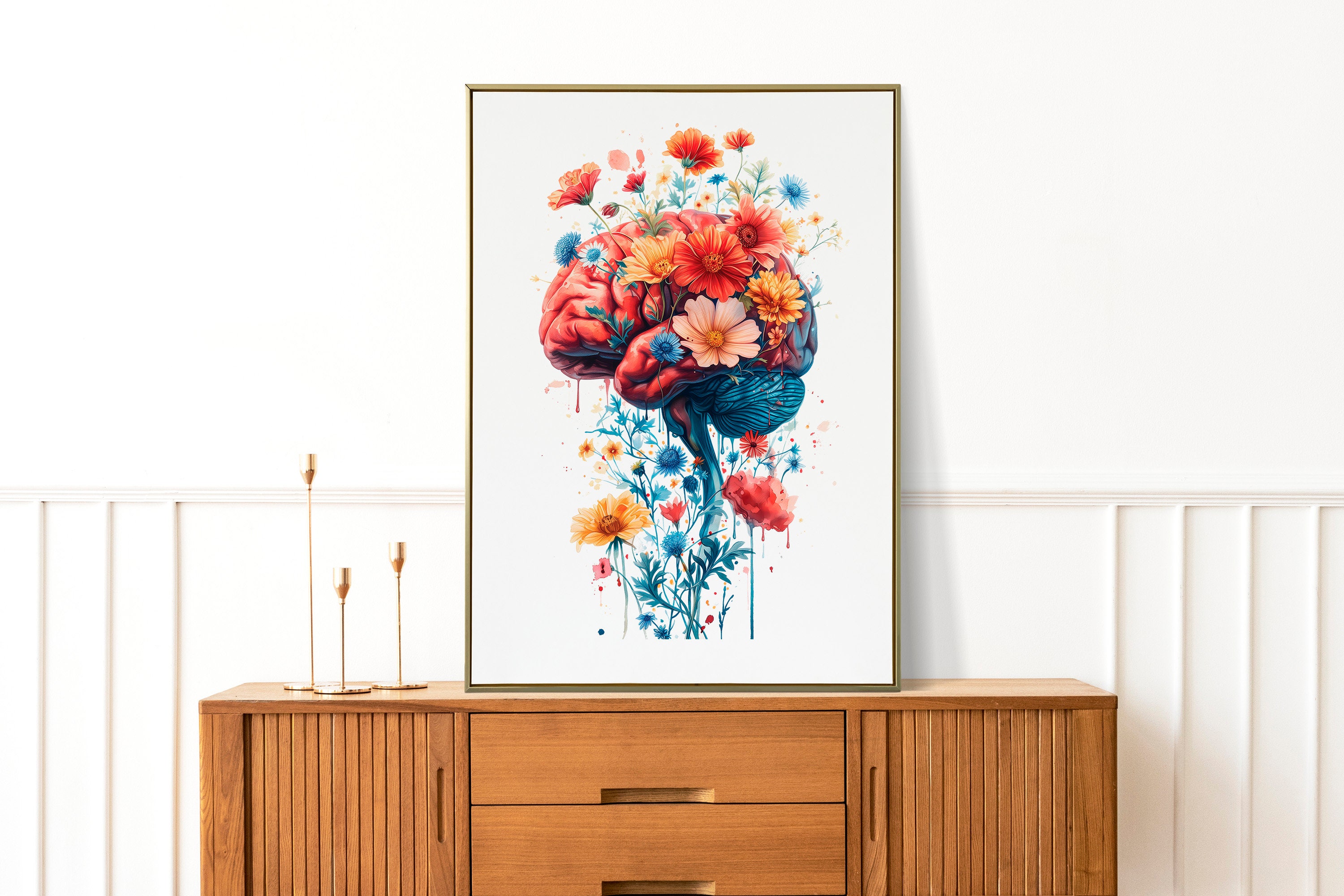 Brain Art Print, Watercolor Brain With Flowers Wall Art, Mental Health ...