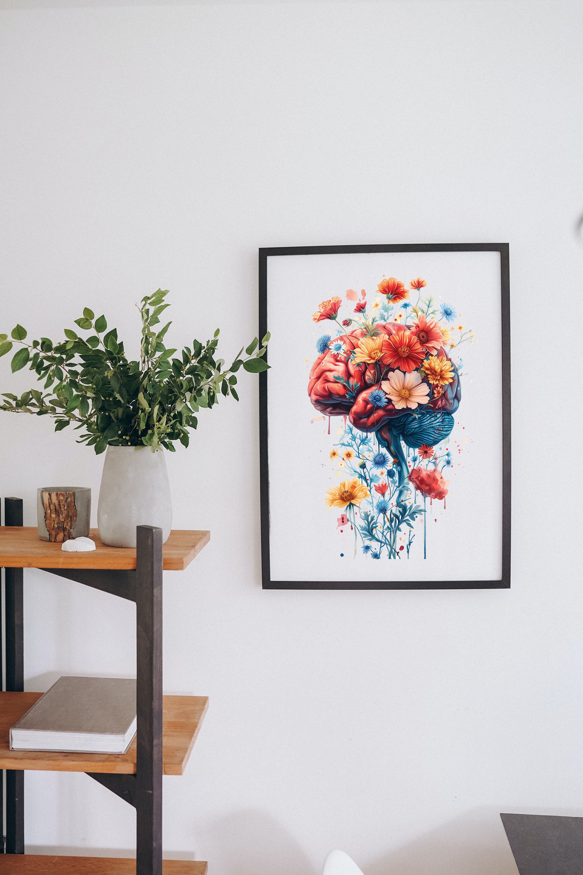Brain Art Print, Watercolor Brain With Flowers Wall Art, Mental Health ...