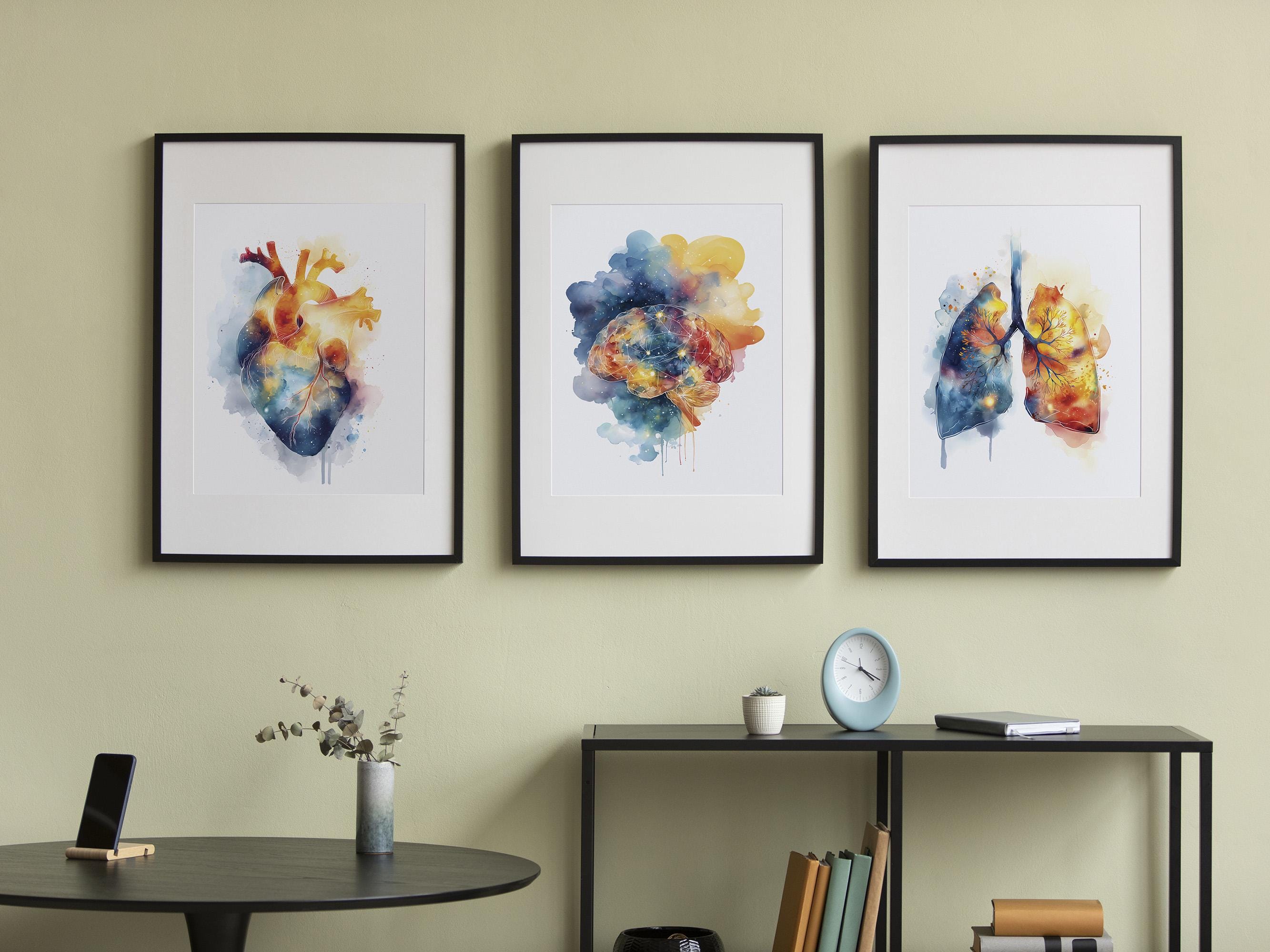Brain Lungs Heart Poster Watercolor Anatomy Prints Set of 3 Wall Art ...