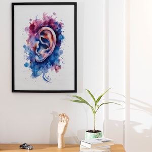 Ear Anatomy Art Print, Audiology Wall Art Colorful Human Ear Watercolor ...