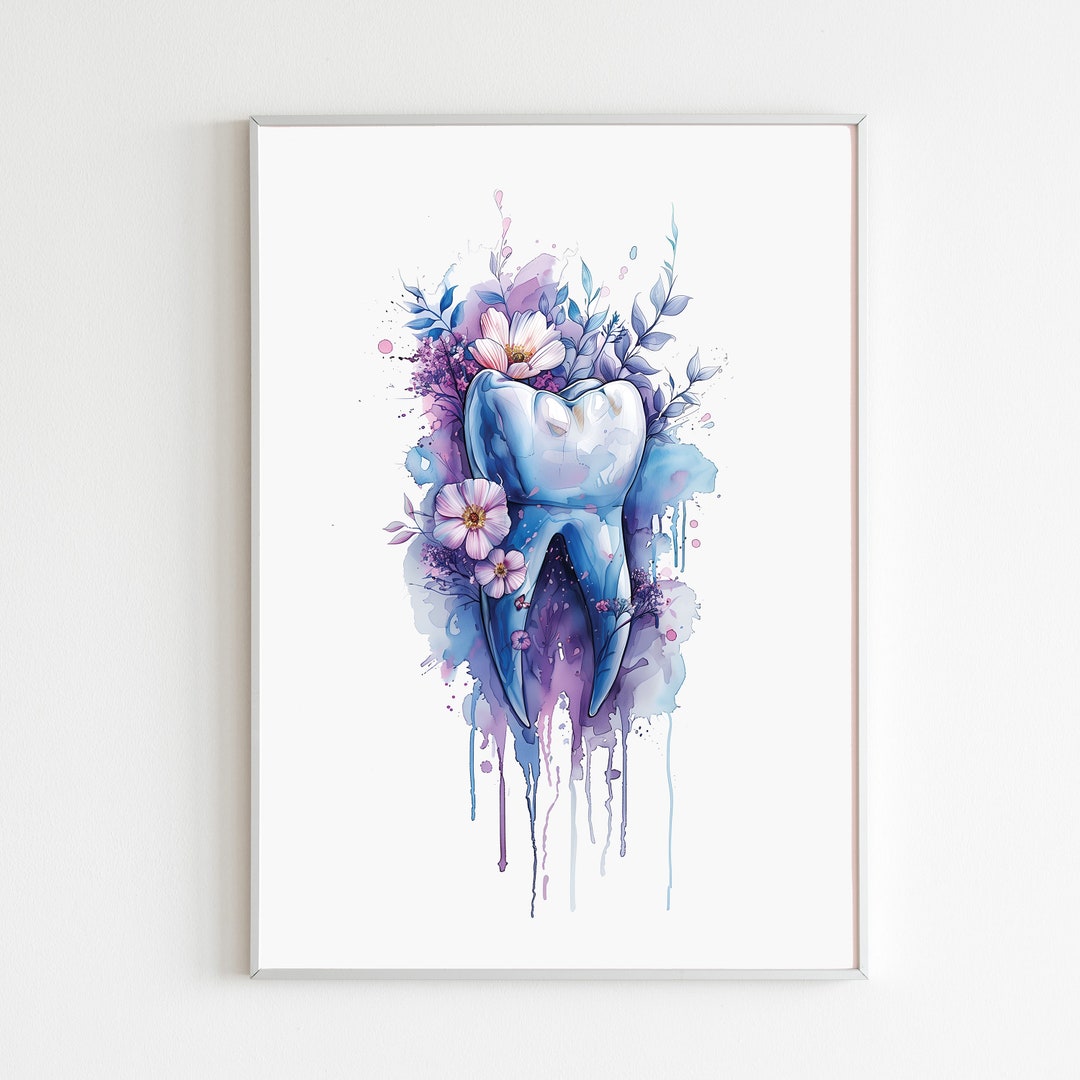Tooth With Flowers Art Print, Watercolor Floral Dental Office Decor ...