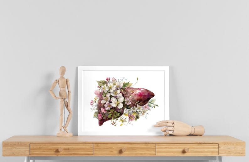 Liver Watercolor Art Print, Floral Anatomy Wall Illustration ...