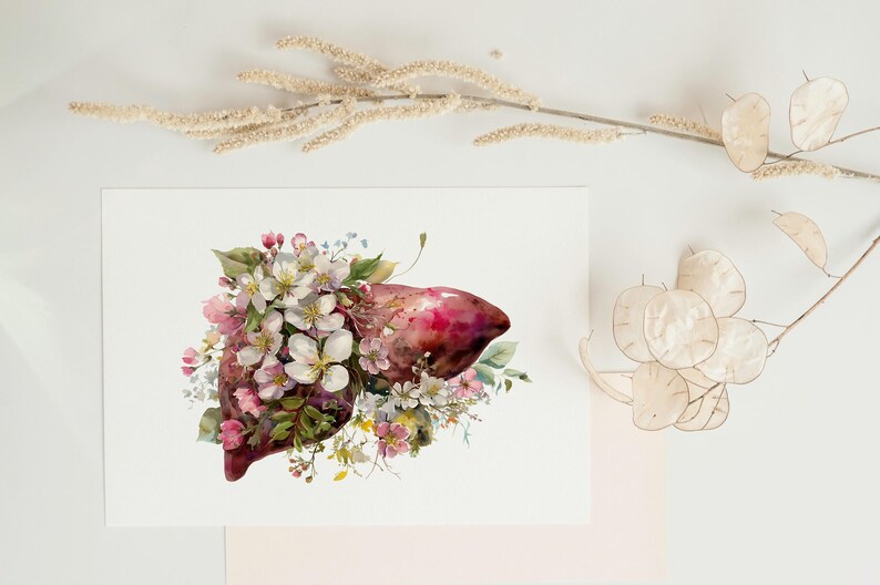 Liver Watercolor Art Print, Floral Anatomy Wall Illustration ...