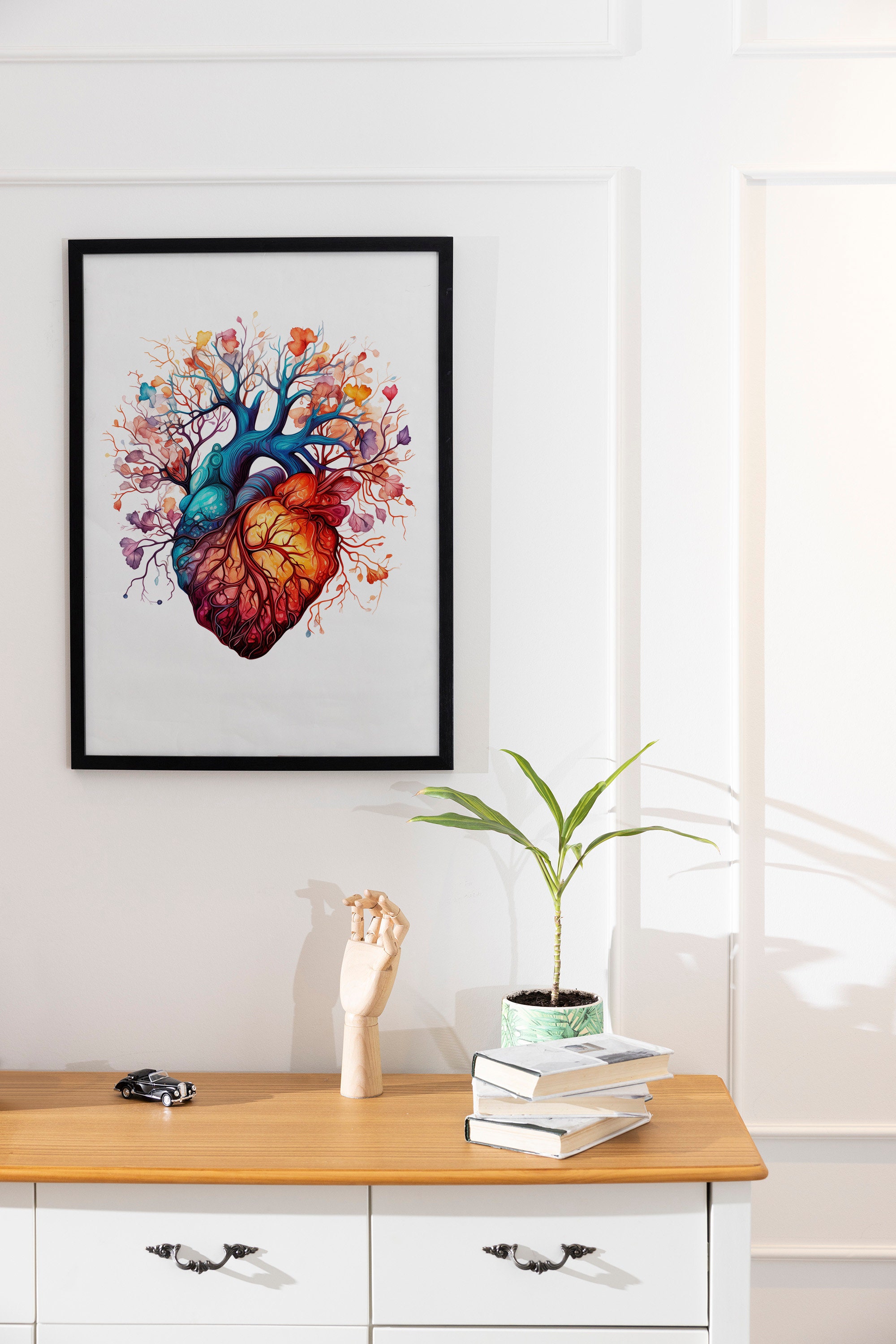 Anatomical Human Heart Art Print, Watercolor Heart Art With Flowers ...