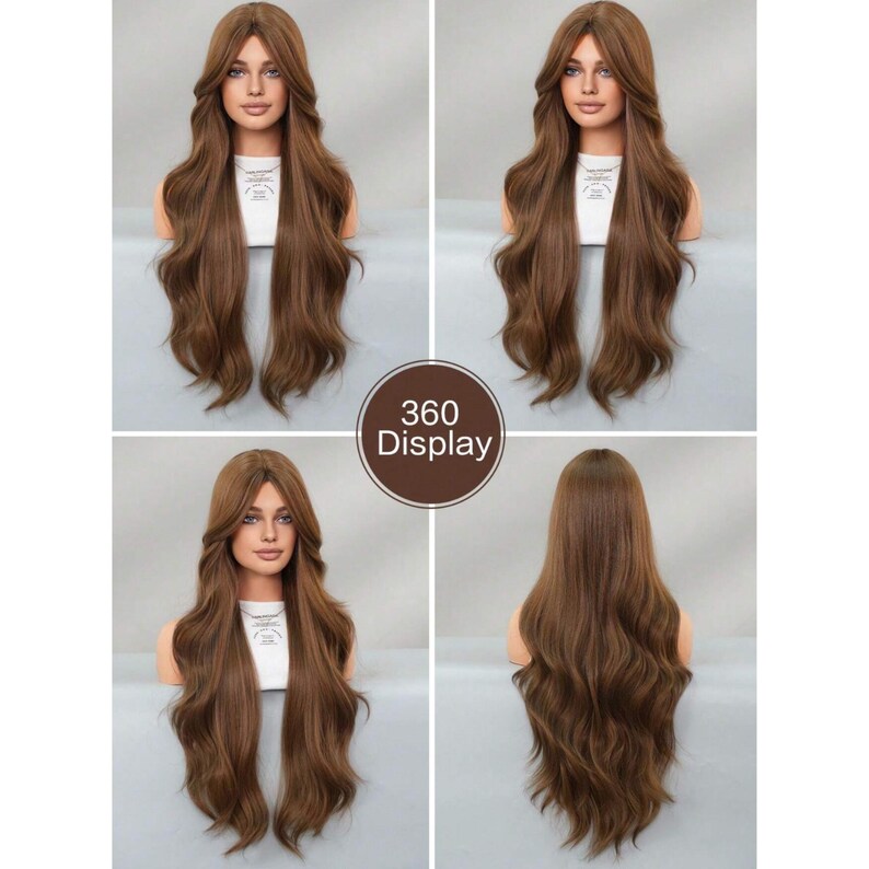 Ash Brown Hair Wig for Women 32 Inch Extra Long Wavy Synthetic Wig With ...