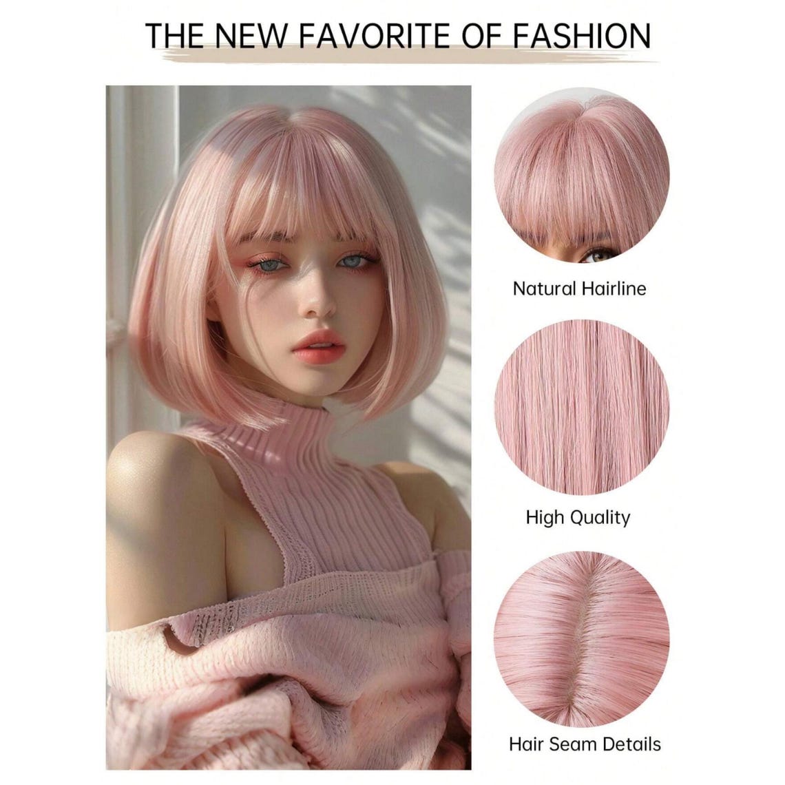 Elegant Light Pink Wig, Bob Wig With Bangs, High Density Synthetic Wig ...