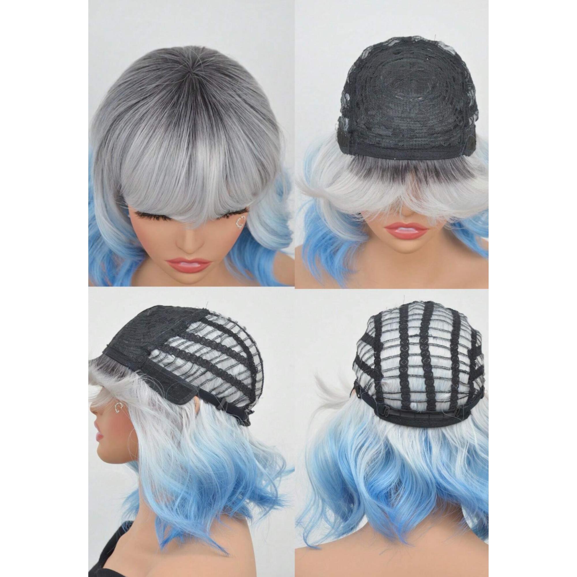 Blue Wig With Bangs Short Bob Curly Wigs for White Women Colorful Wavy ...