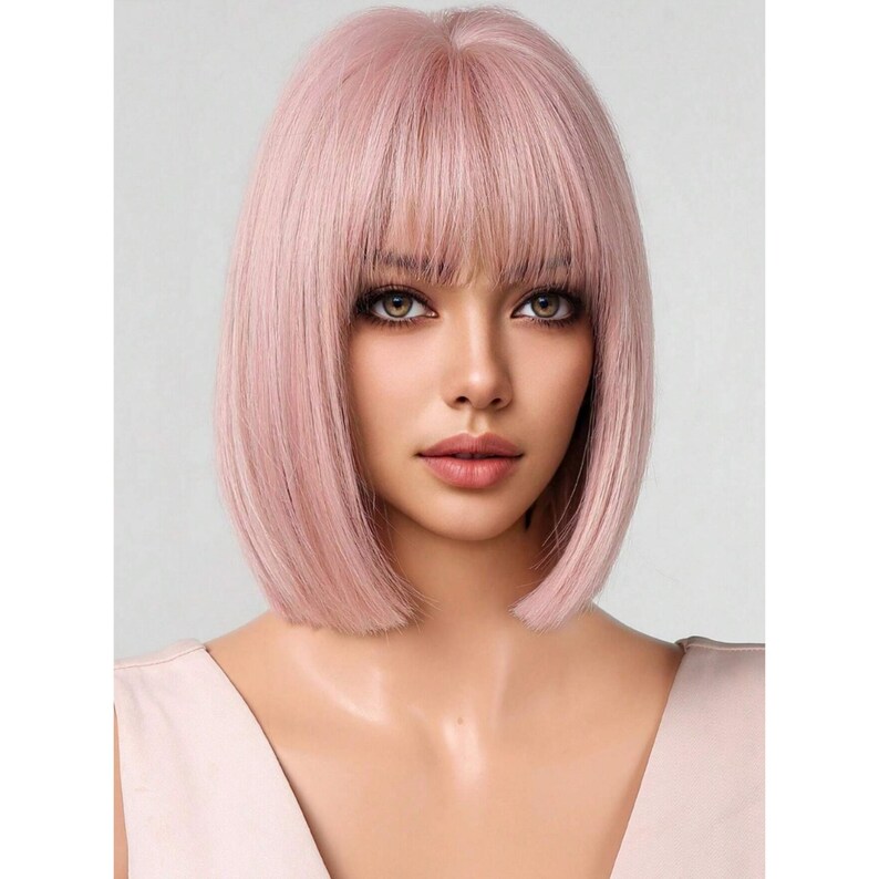 Elegant Light Pink Wig, Bob Wig With Bangs, High Density Synthetic Wig ...