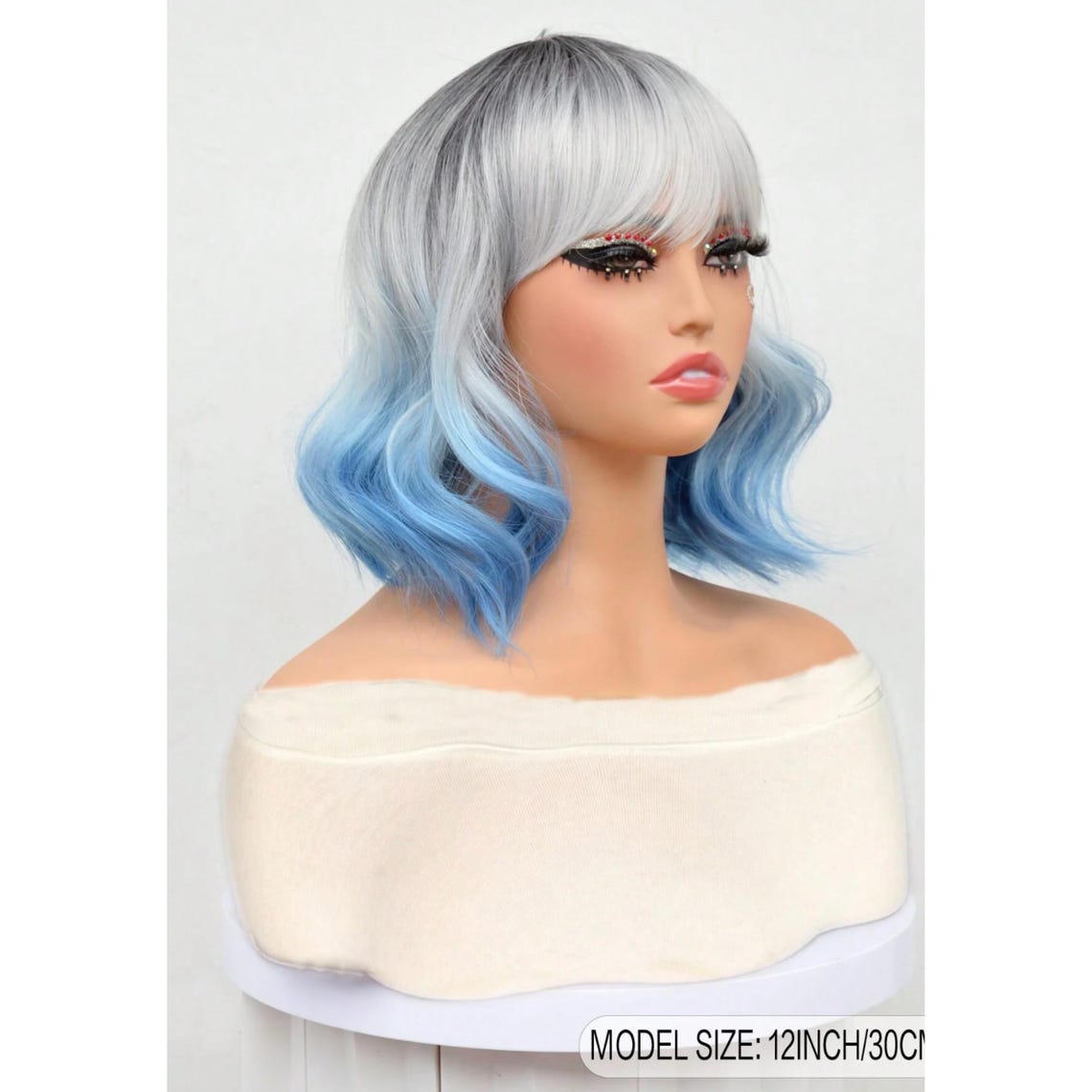 Blue Wig With Bangs Short Bob Curly Wigs for White Women Colorful Wavy ...