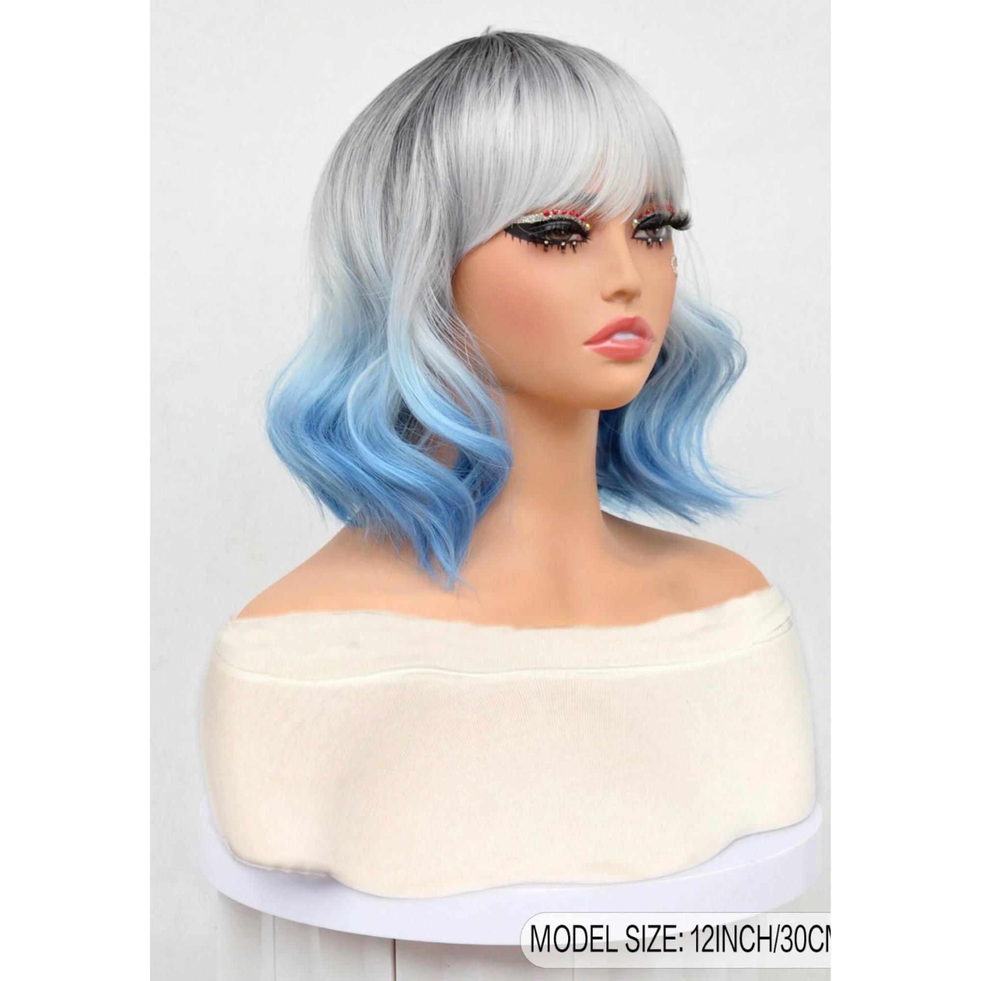 Blue Wig With Bangs Short Bob Curly Wigs for White Women Colorful Wavy ...