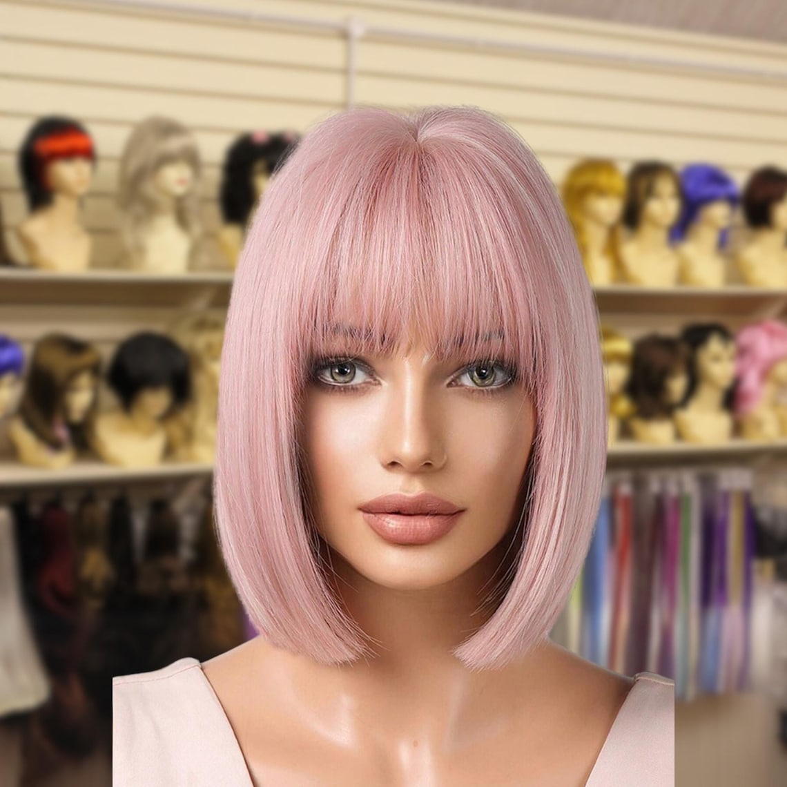 Elegant Light Pink Wig, Bob Wig With Bangs, High Density Synthetic Wig ...