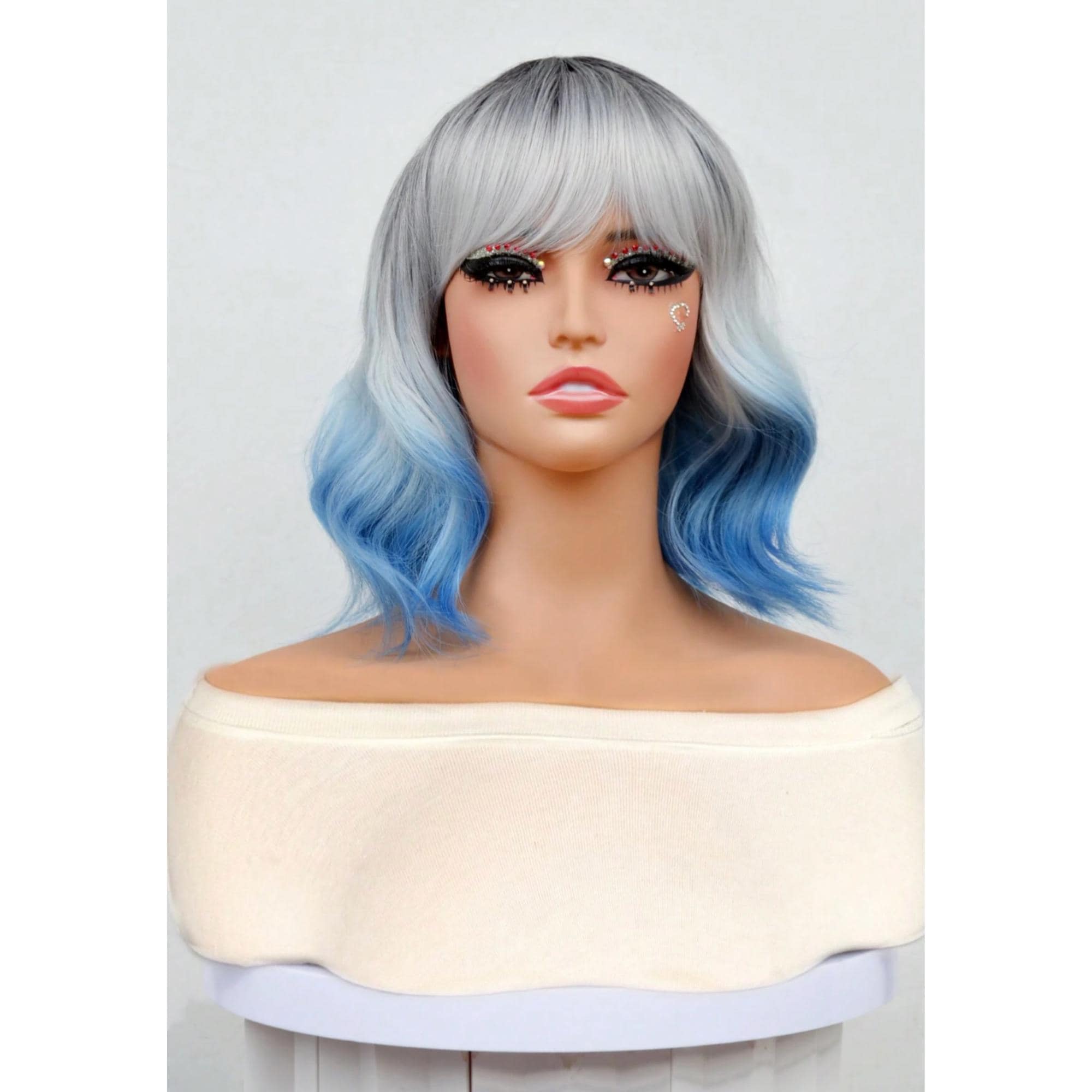 Blue Wig With Bangs Short Bob Curly Wigs for White Women Colorful Wavy ...
