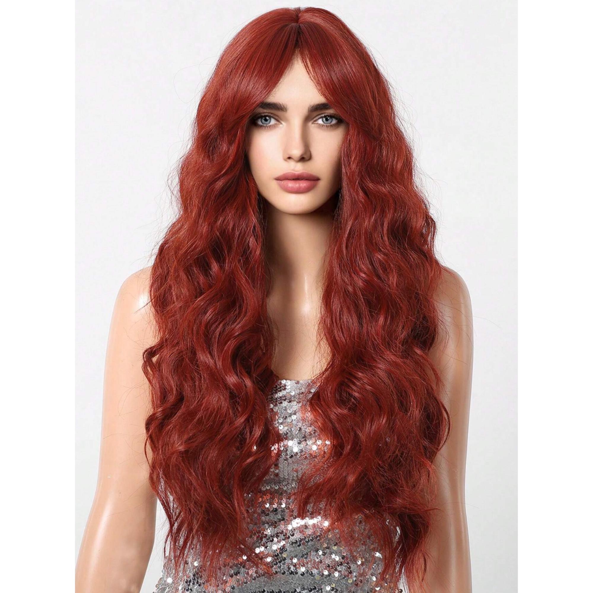 Auburn Wigs With Bangs Long Wavy Copper Red Wig for Women 26 Inch ...