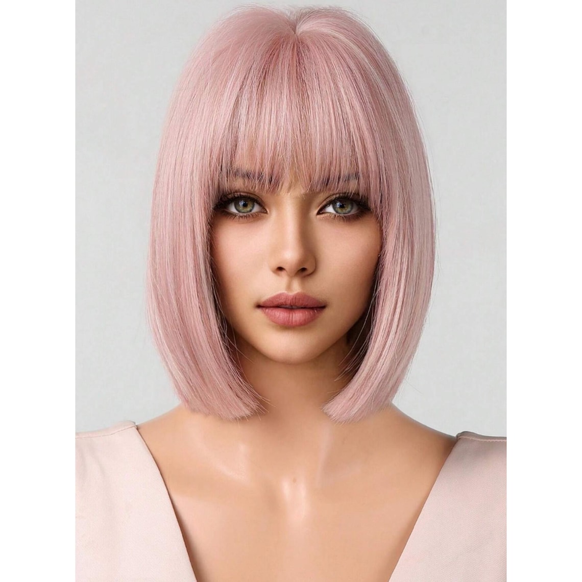 Elegant Light Pink Wig, Bob Wig With Bangs, High Density Synthetic Wig ...
