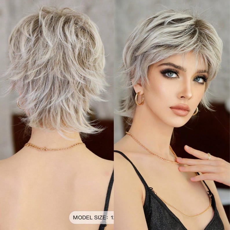 Short Gray Blonde Wig Shaggy Layered 80s Mullet Wig Pixie Cut Wig With ...