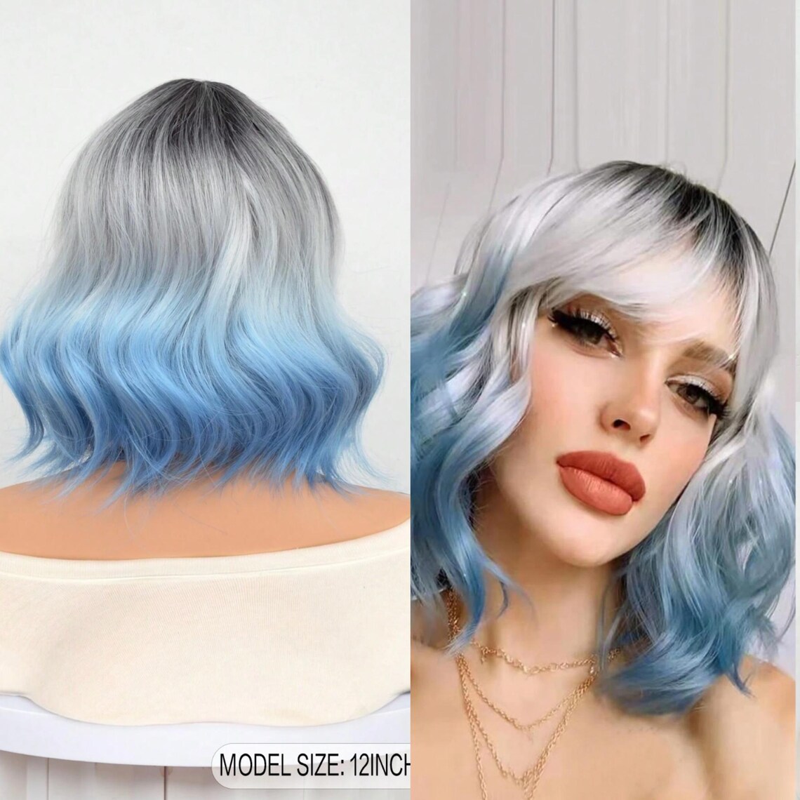 Blue Wig With Bangs Short Bob Curly Wigs for White Women Colorful Wavy ...