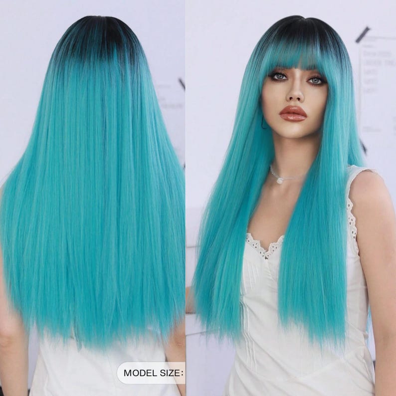 Ombre Blue Wigs for Women Light Blue Long Straight Hair Wig With Neat ...