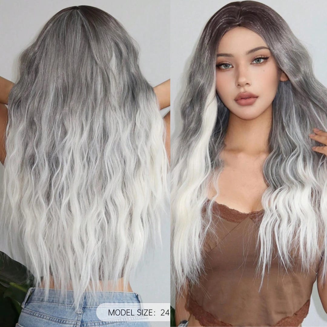 Ombre Silver Grey Wigs, 24 Inch Long Curly Wavy Grey Wig, Middle Part ...