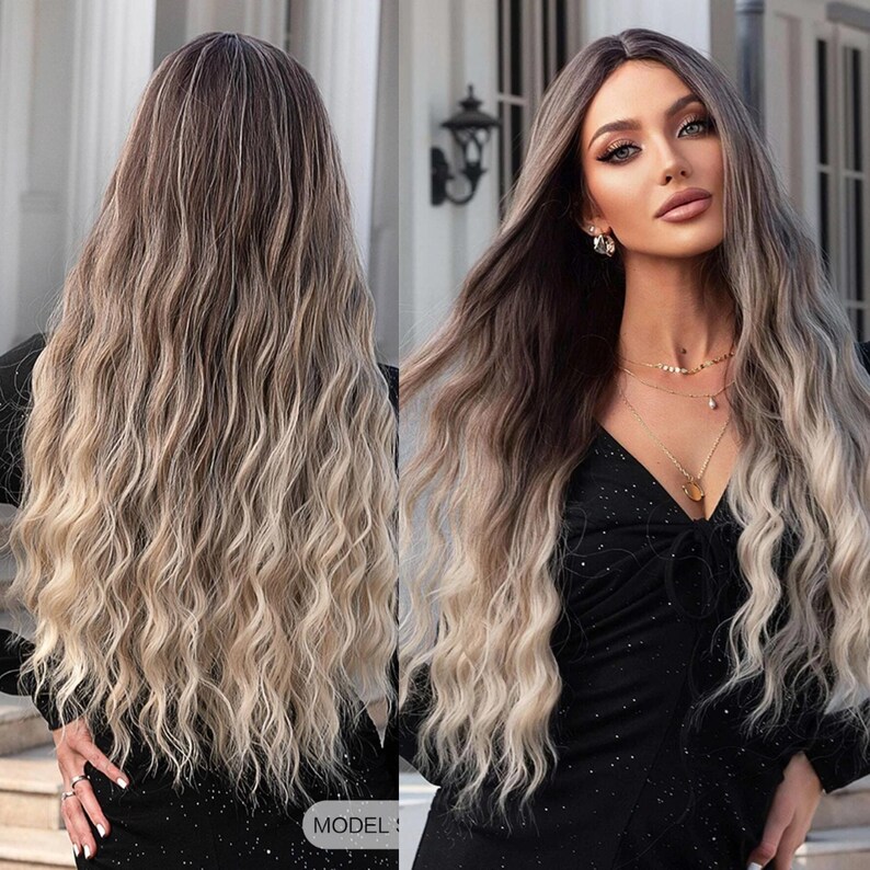 Womens Wigs 30 Inch Long Natural Wavy Curly Wigs, Highlight Ombre Brown ...