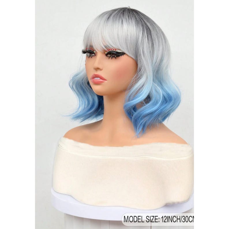Blue Wig With Bangs Short Bob Curly Wigs for White Women Colorful Wavy ...