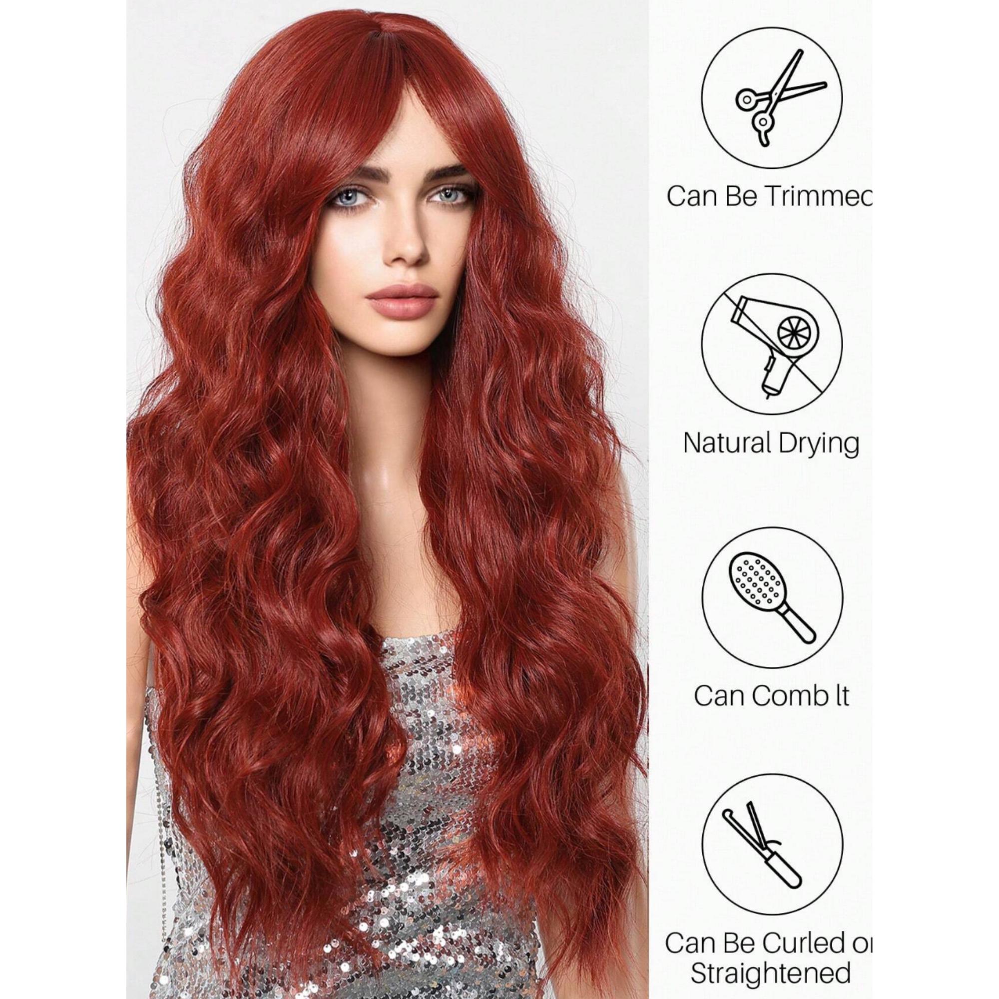 Auburn Wigs With Bangs Long Wavy Copper Red Wig for Women 26 Inch ...