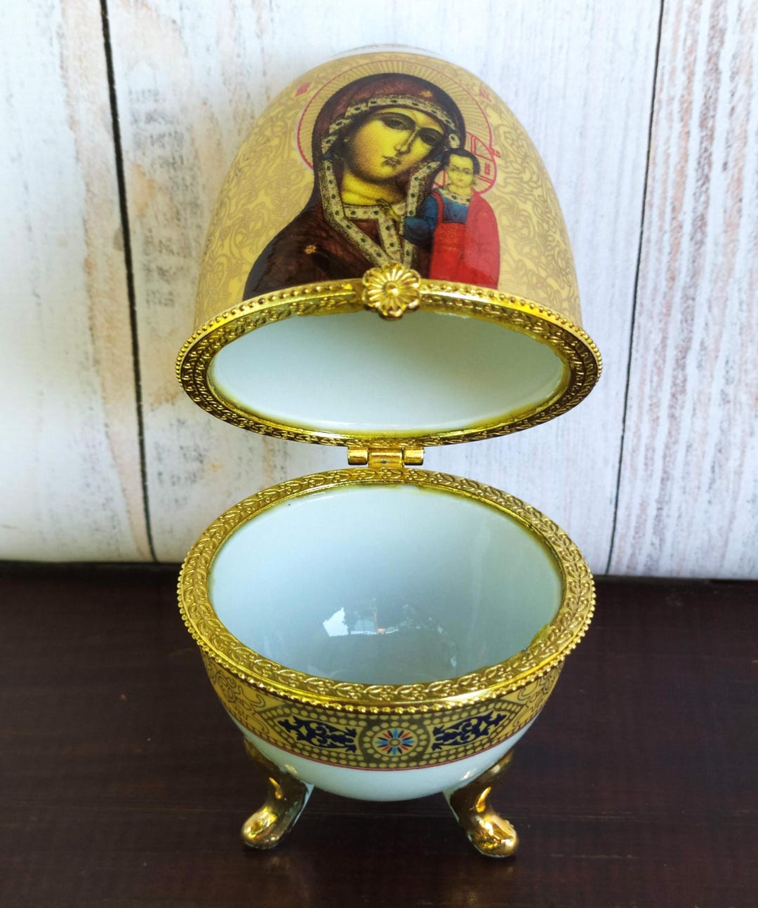 Vintage Porcelain Jewellery Box in the Shape of an Egg "mother of God ...