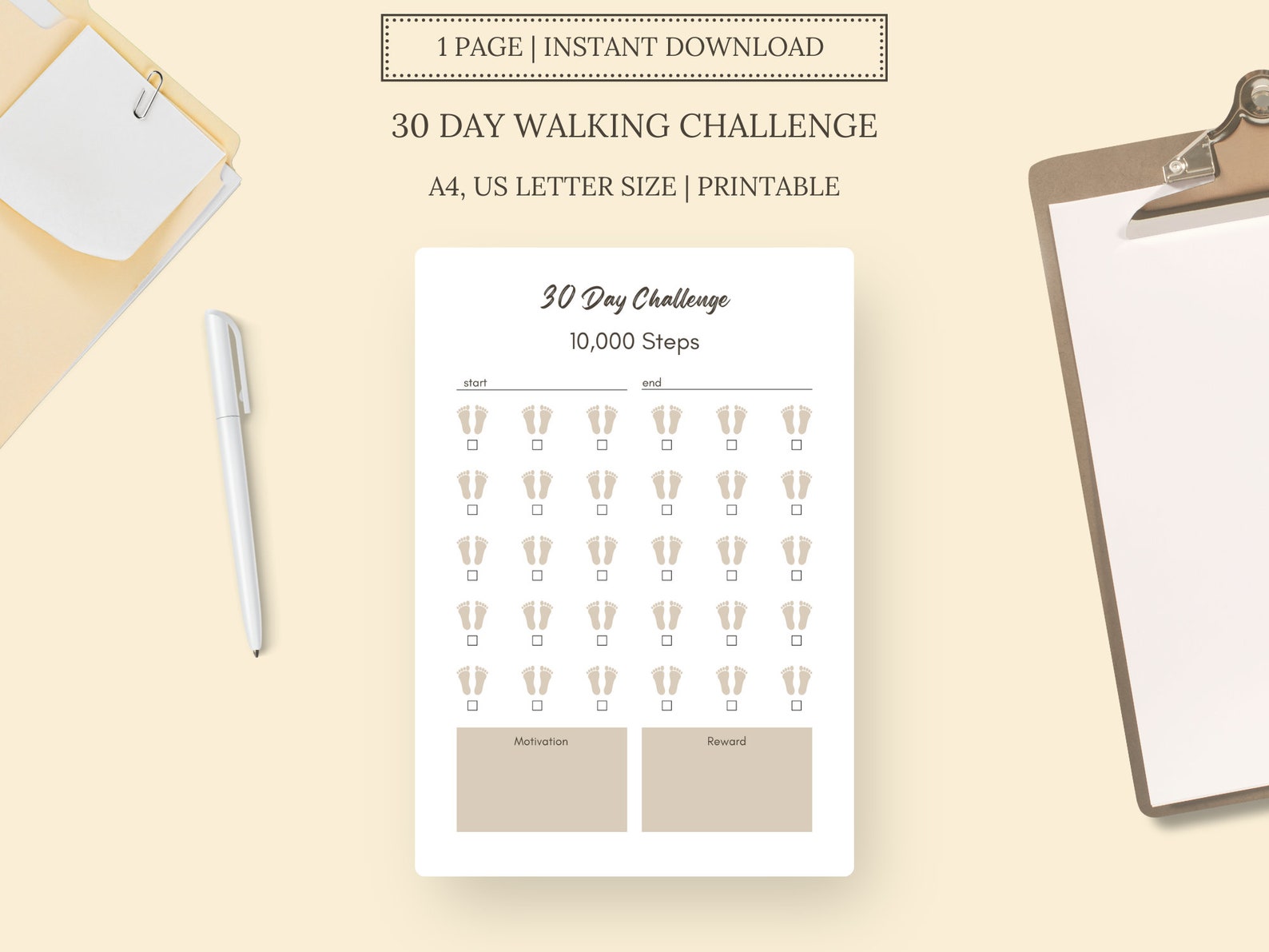 30 Day Challenge Printable Bundle, Walking Challenge Step Tracker, Home ...