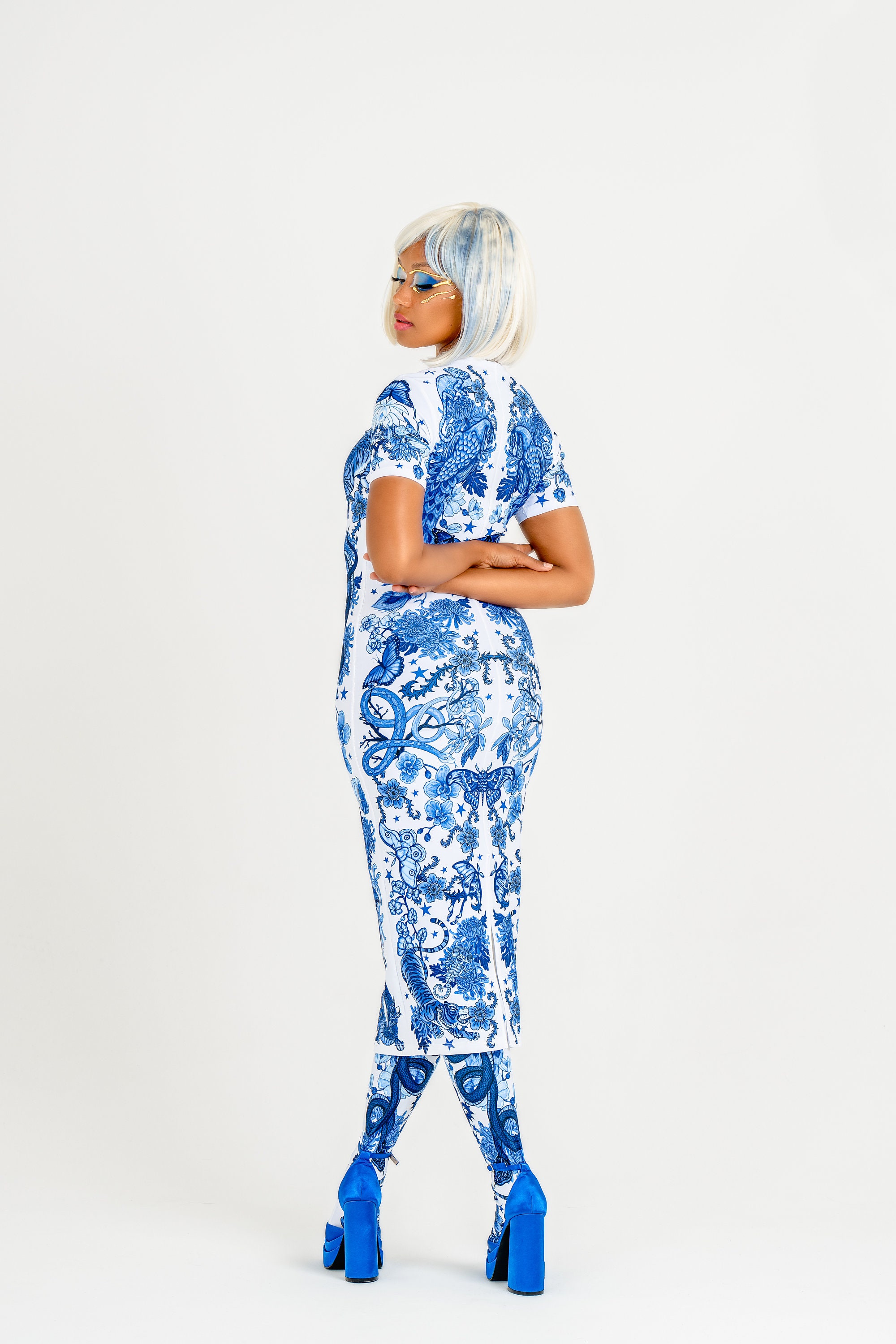 FINE CHINA - White and Blue Porcelain Print Midi Dress - Etsy