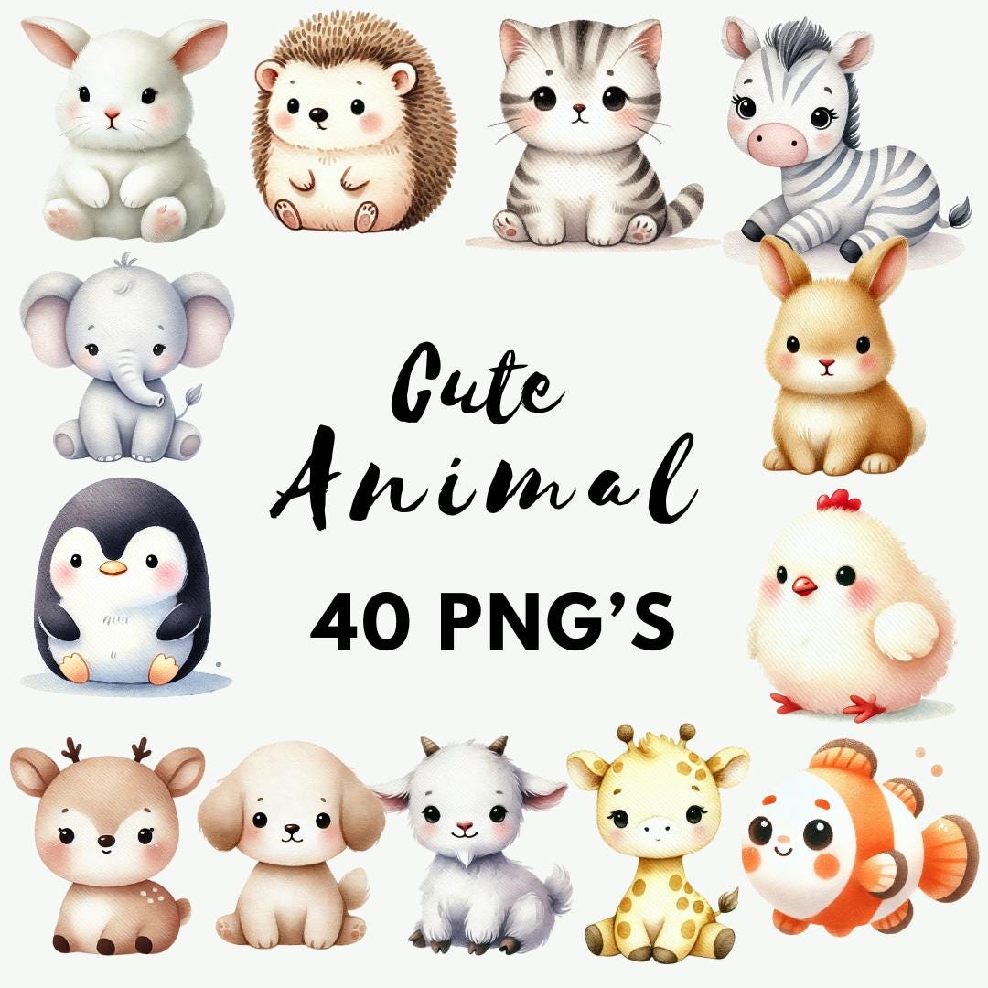 Watercolor Cute Animals Clipart PNG Bundle Adorable Baby Animal Pngs ...