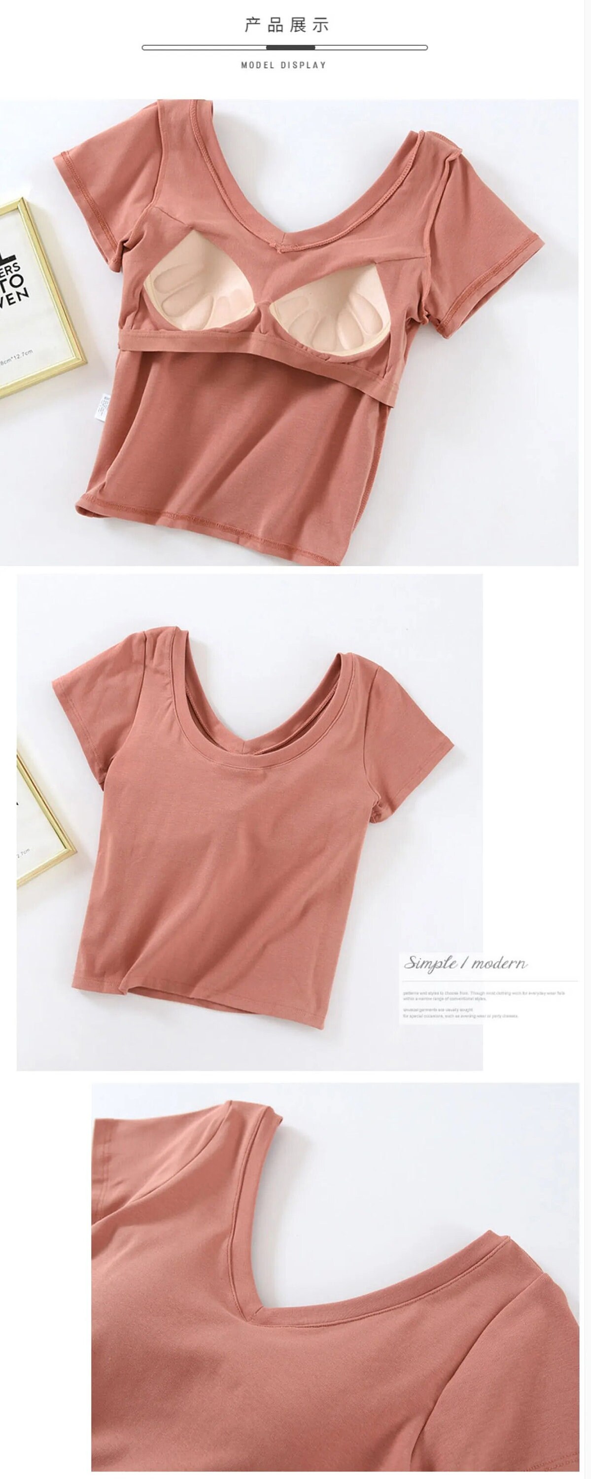 Built in Bra Top Tshirt V Neck Shelf Bra T Shirt Cotton - Etsy