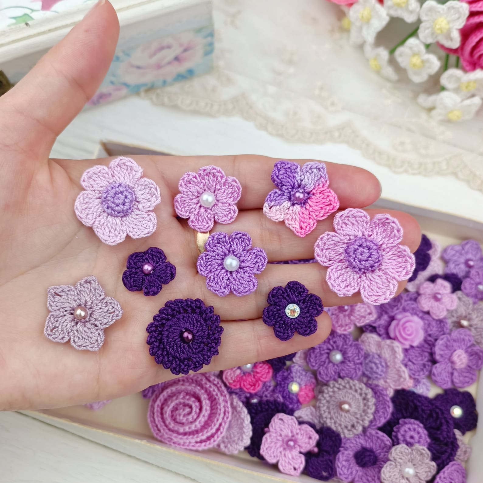 Set of Crocheted Flowers, 70pcs. Purple Craft Flowers. Flowers for ...