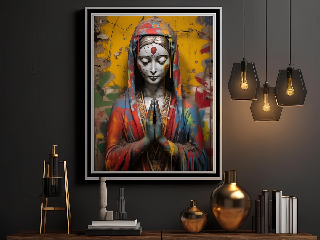 Graffiti Wall Art, Praying Woman Against Colorful Graffiti Poster ...