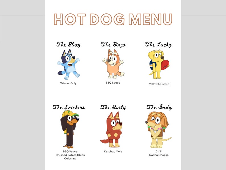 Bluey Hotdog Printable Menu, Build Your Own Hotdog Bar, Twoey Bluey ...