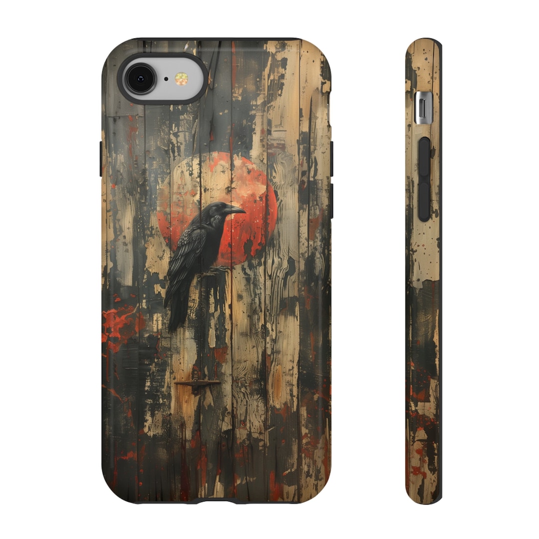 Aged Wood Red Moon Raven Phone Case, Samsung Galaxy, S24, Iphone, Pixel ...