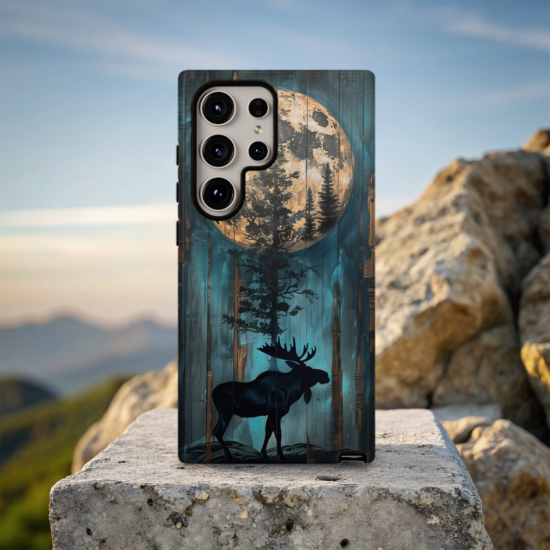 Moose in the Moonlight, Rustic Wood Effect Phone Case, Tough Case ...