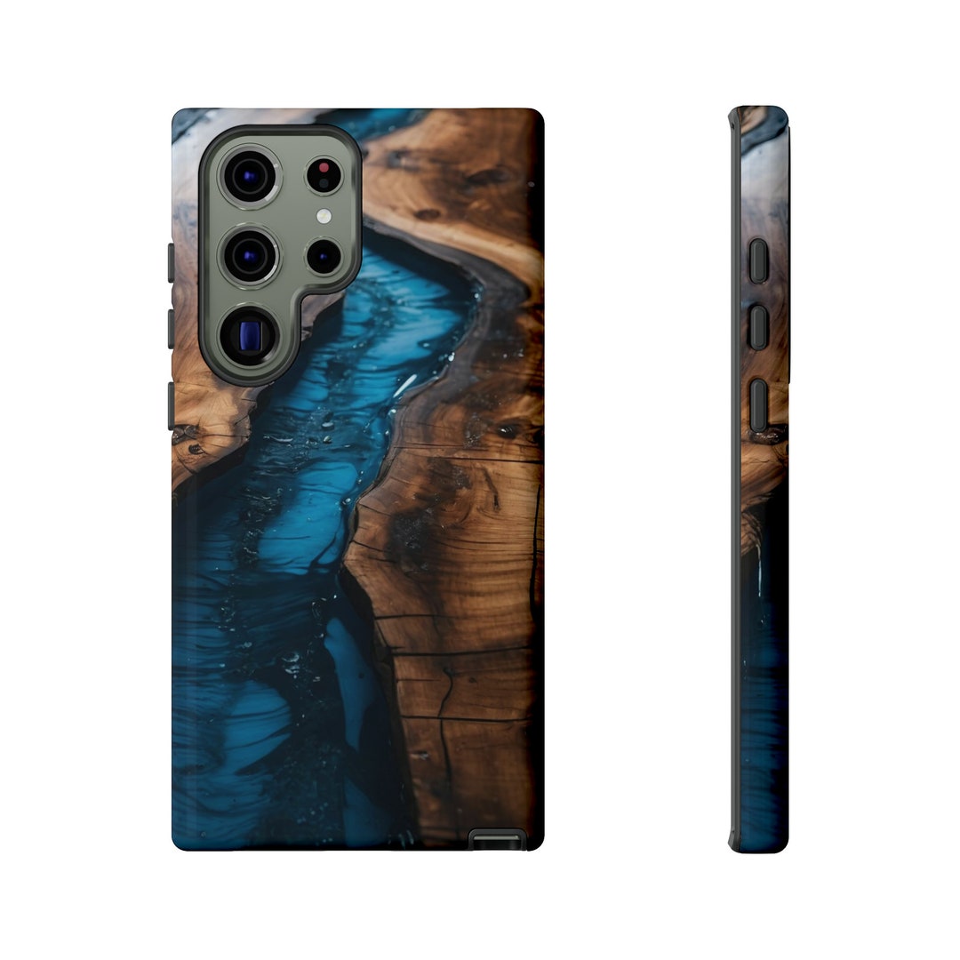 Faux Dark Live Edge Wood and Blue Epoxy Effect Phone Case, Tough Case ...