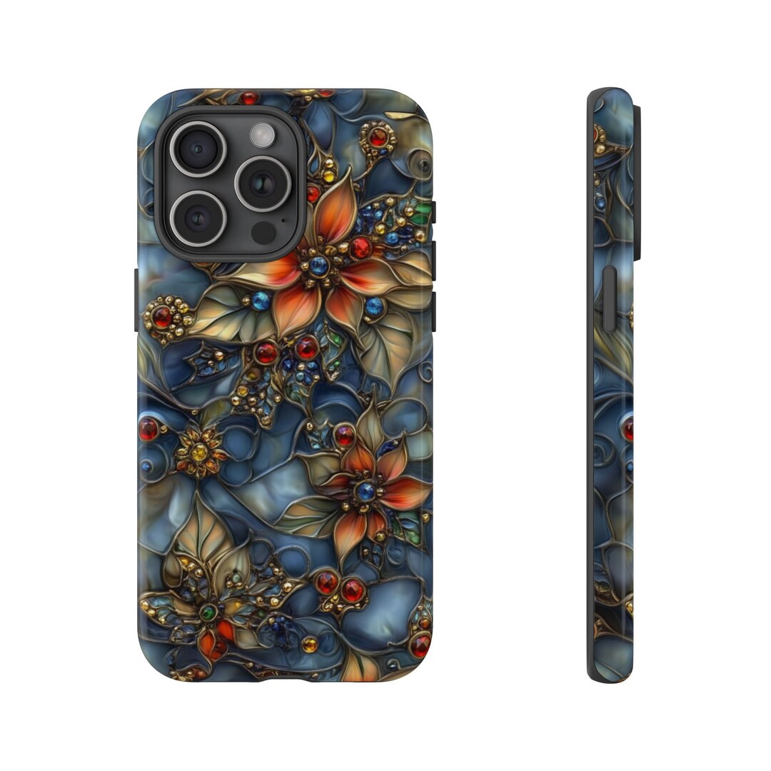 Faux Stained Glass Holiday Poinsettias and Gems Phone Case, Elegant ...