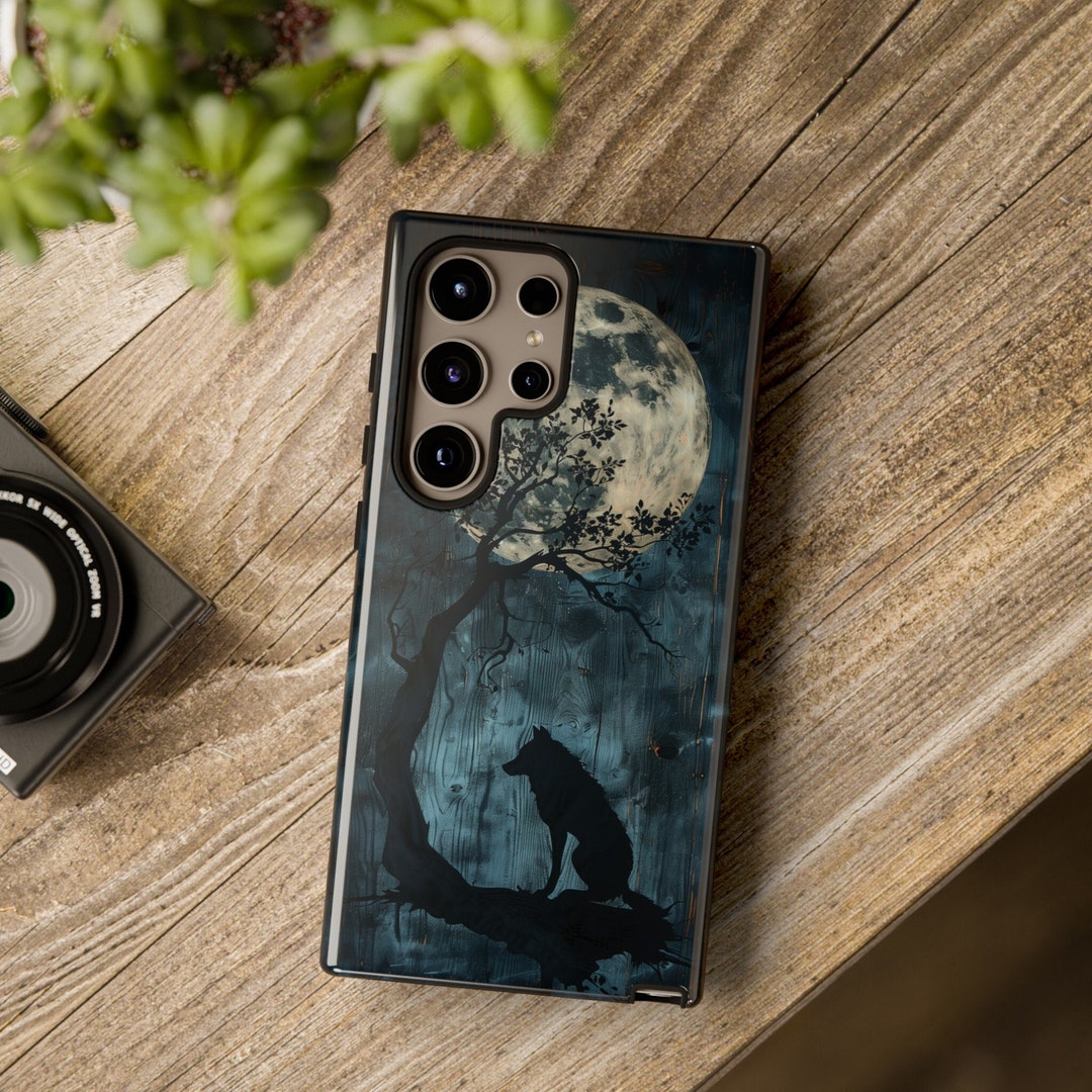 Blue Aged Wood, Moon and Wolf Phone Case, Tough Case, Samsung Galaxy ...